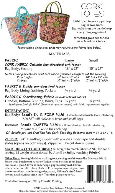 Aunties Two Patterns Cork Totes - Quilt Pattern - 123Stitch