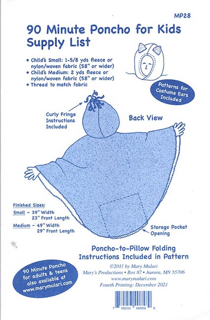 Marys Productions 90 Minute Poncho for Kids - Quilt Pattern - 123Stitch