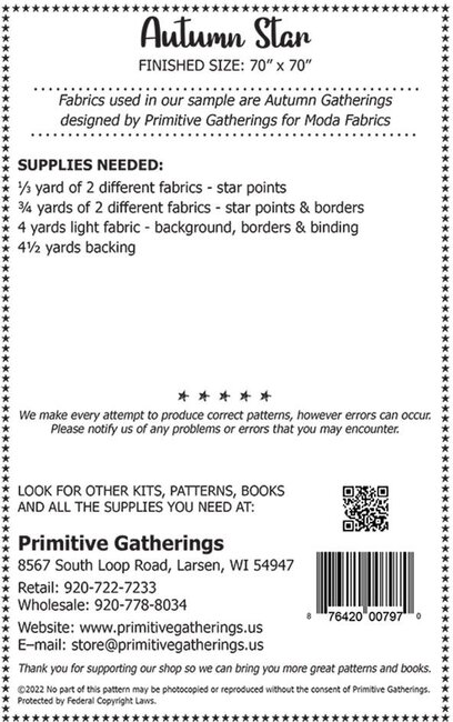 Primitive Gatherings Autumn Star - Quilt Pattern - 123Stitch