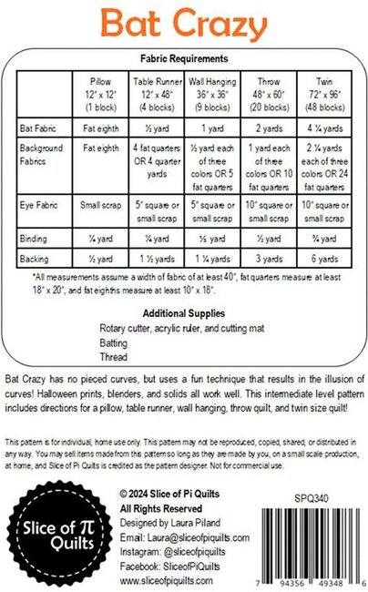 Slice Of Pi Quilts Bat Crazy - Halloween Quilt Pattern - 123Stitch