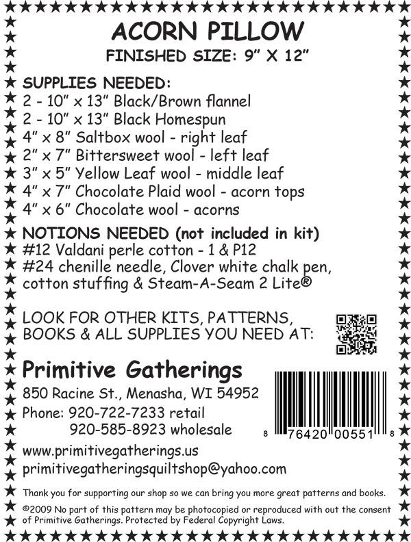 Primitive Gatherings Acorn Pillow - Quilt Pattern - 123Stitch