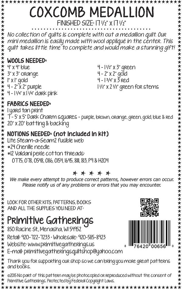 Primitive Gatherings Coxcomb Medallion - Quilt Pattern - 123Stitch