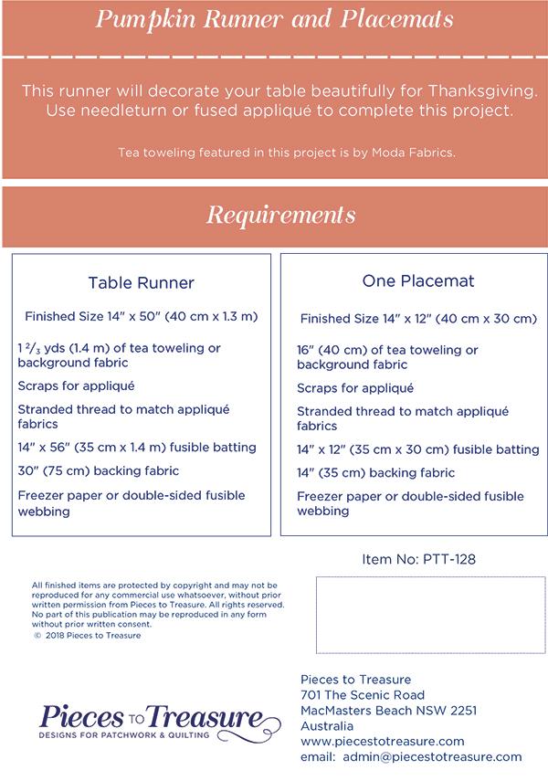 Pieces To Treasure Pumpkin Runner And Placement - Quilt Pattern - 123Stitch