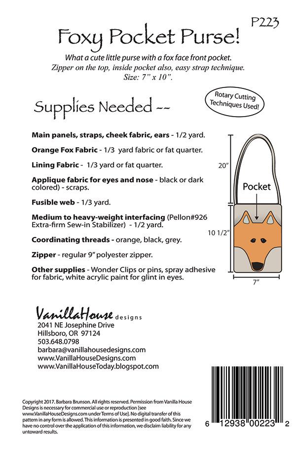 Vanilla House Foxy Pocket Purse - Quilt Pattern - 123Stitch